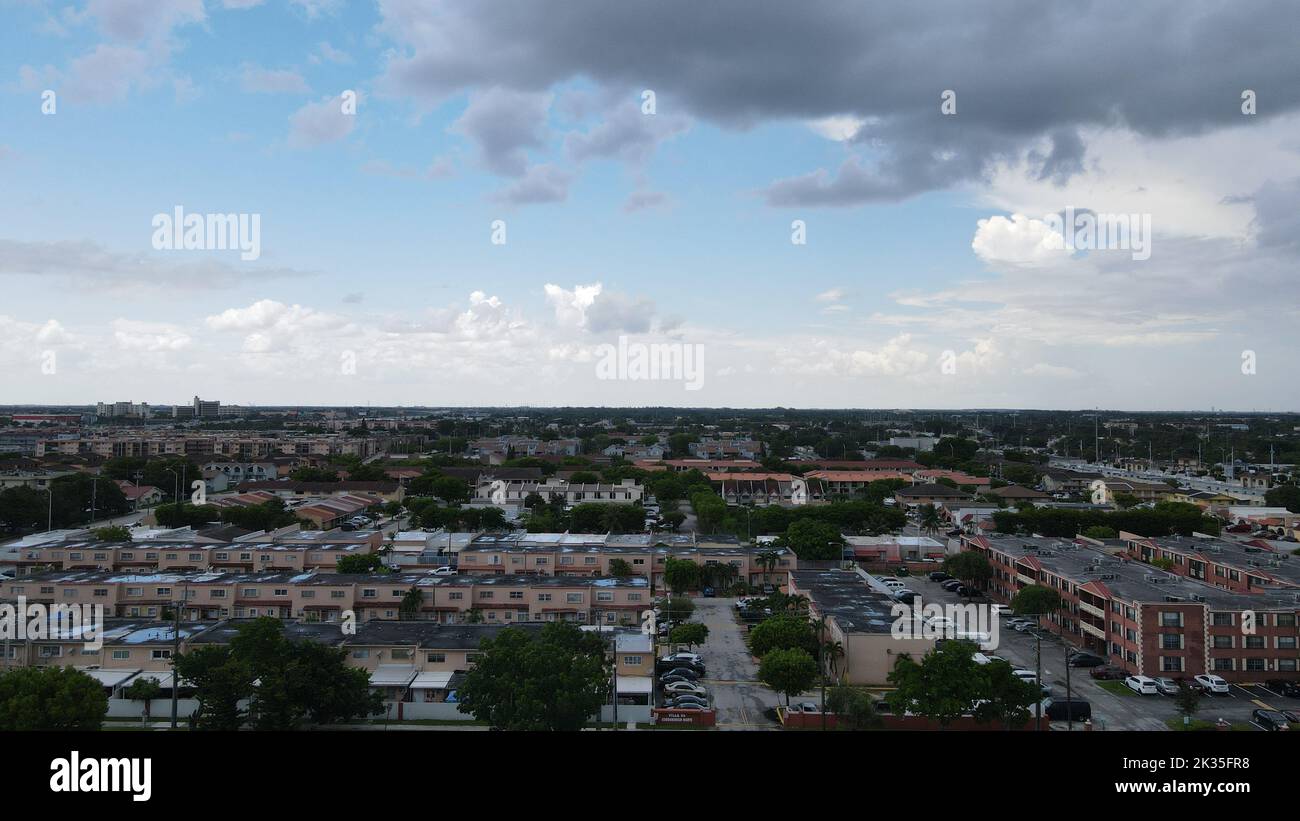 A drone view of a cityscape with beautiful architecture of residential ...
