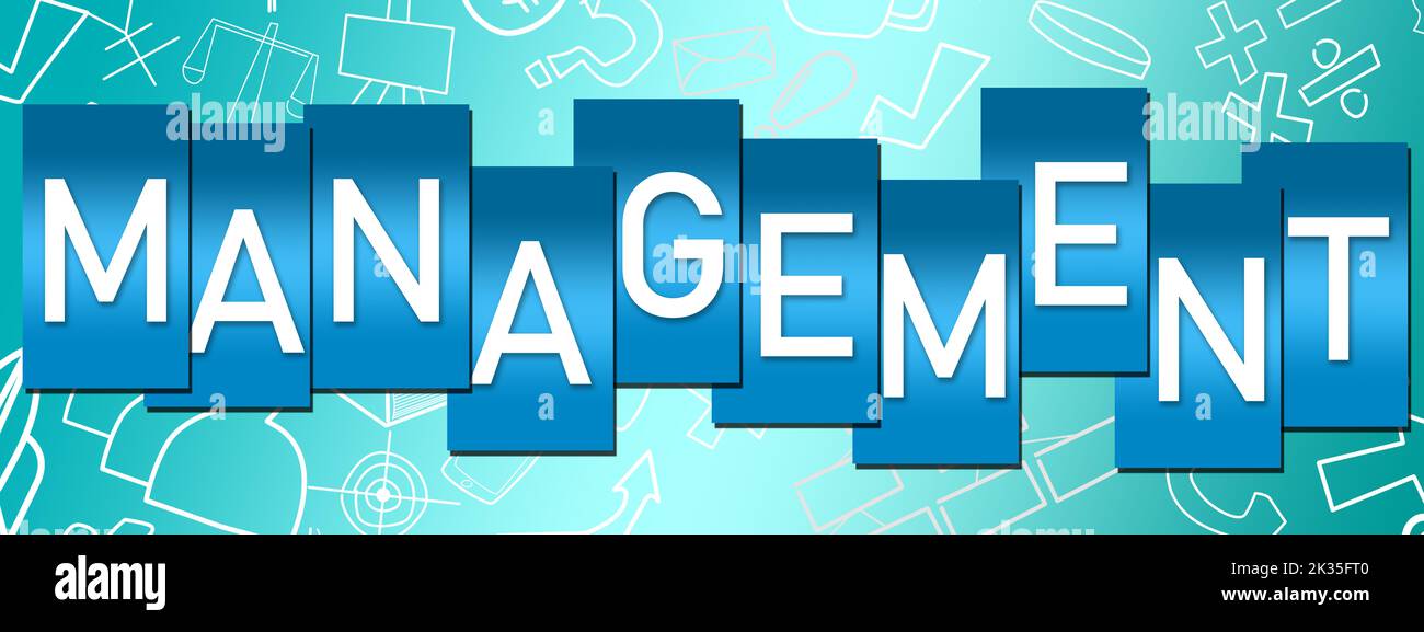 Management concept image with text and business symbols, 3d rendering ...