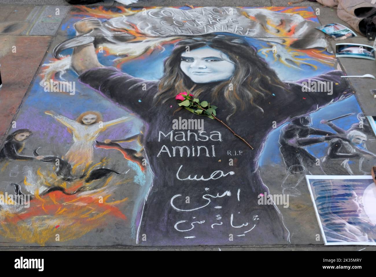 London, UK. 24th September, 2022. A chalk drawing of Mahsa Amini in ...
