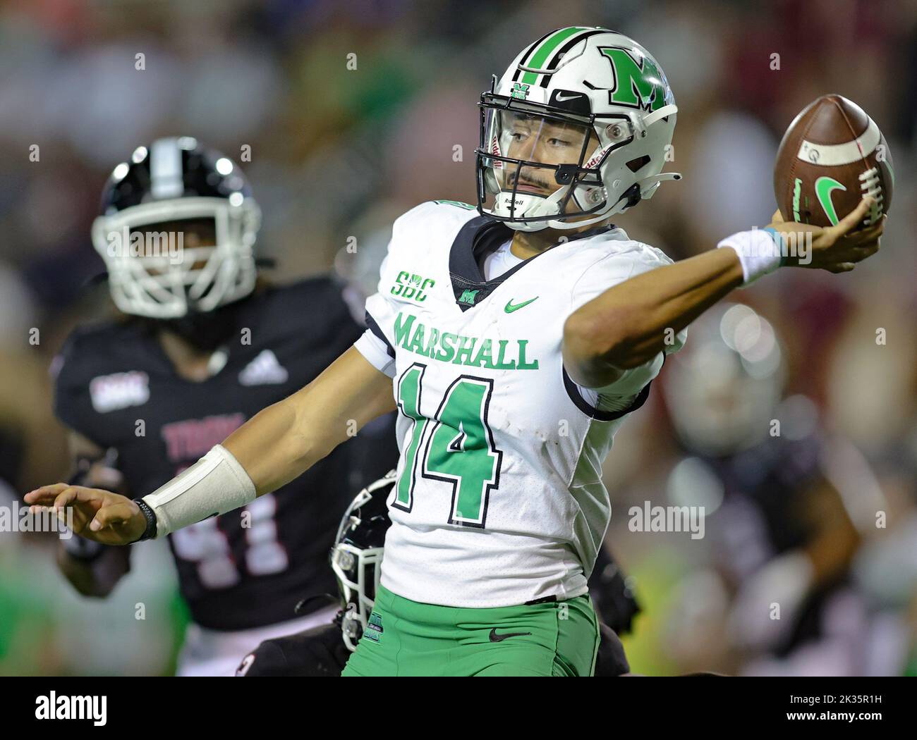 Troy, Alabama, USA. 24th Sep, 2022. Marshall Thundering Herd quarterback Cam Fancher throws the ...
