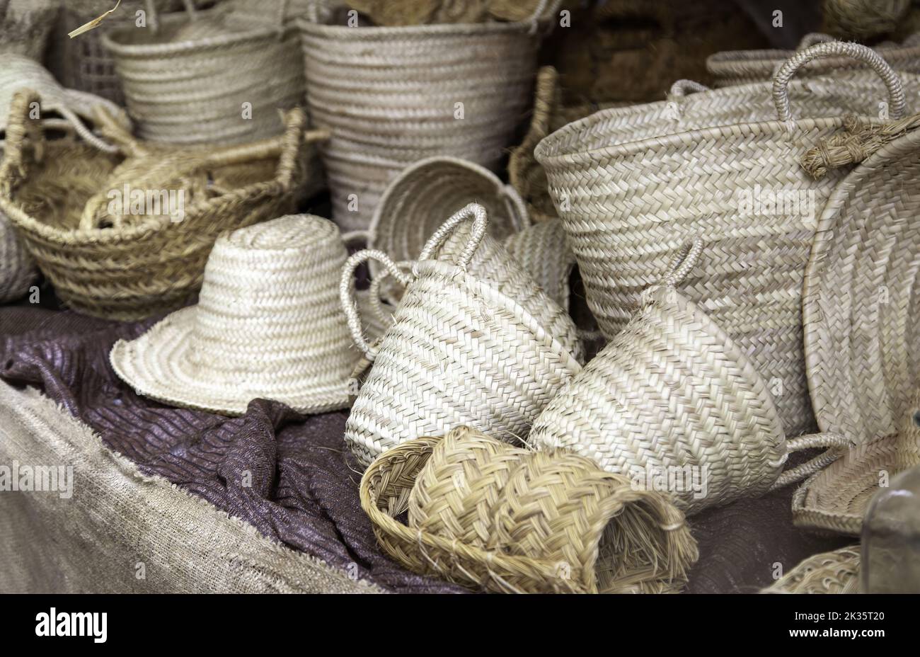 Detail of baskets and objects made with wicker, traditional market ...