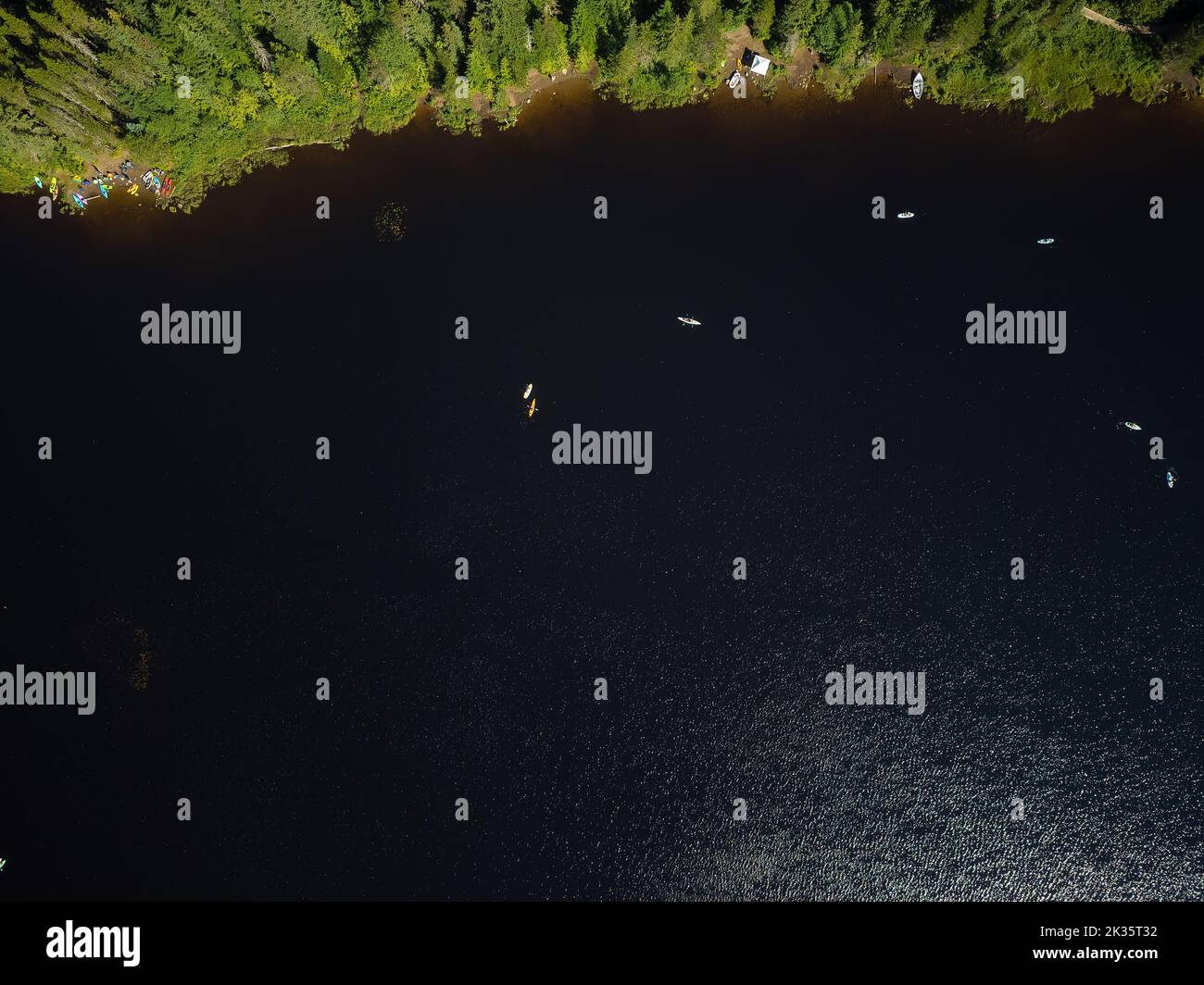 Shot from the air. Dark blue surface of the river and green shore. Calm ...