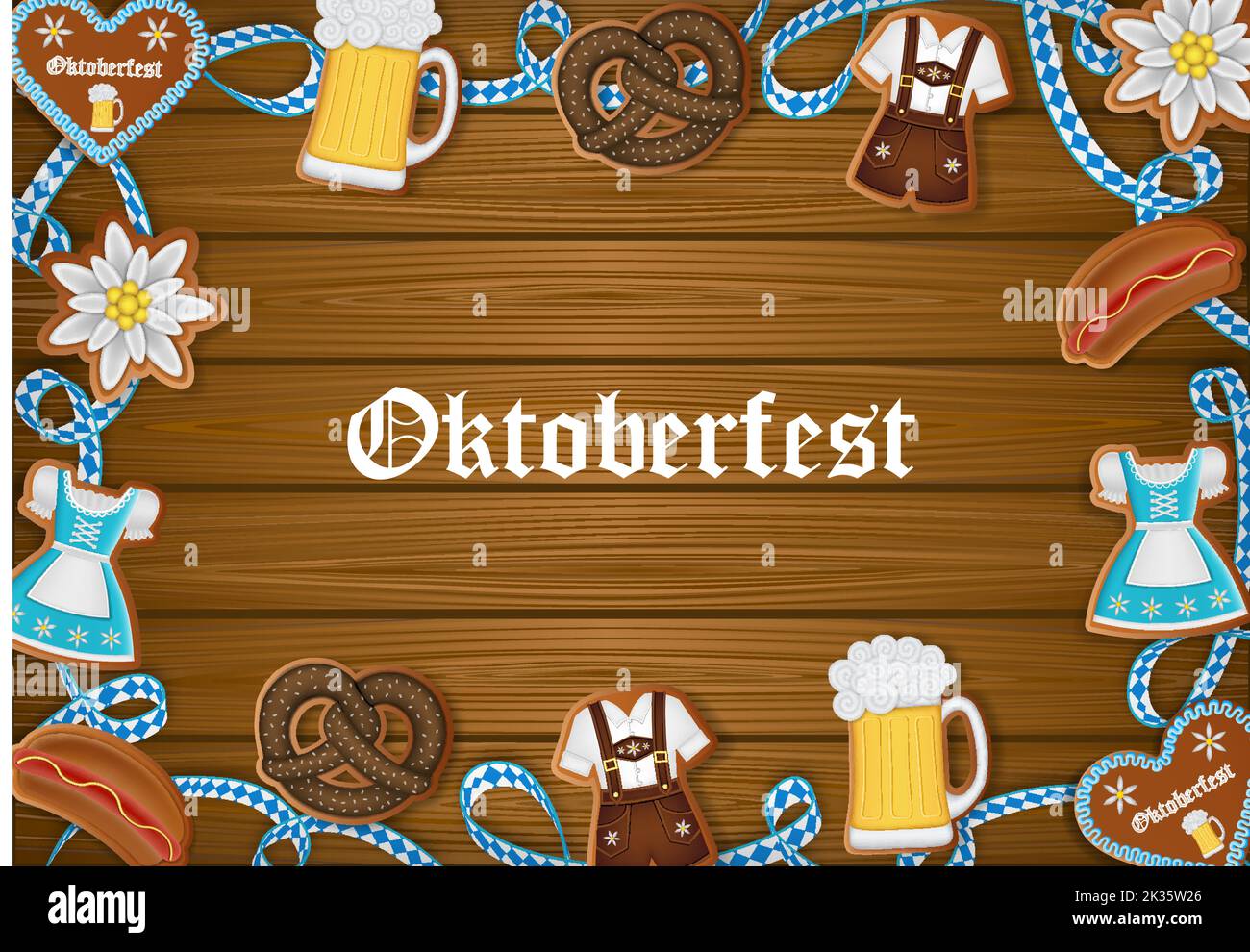 Oktoberfest poster with gingerbread cookies and ribbon on wooden ...