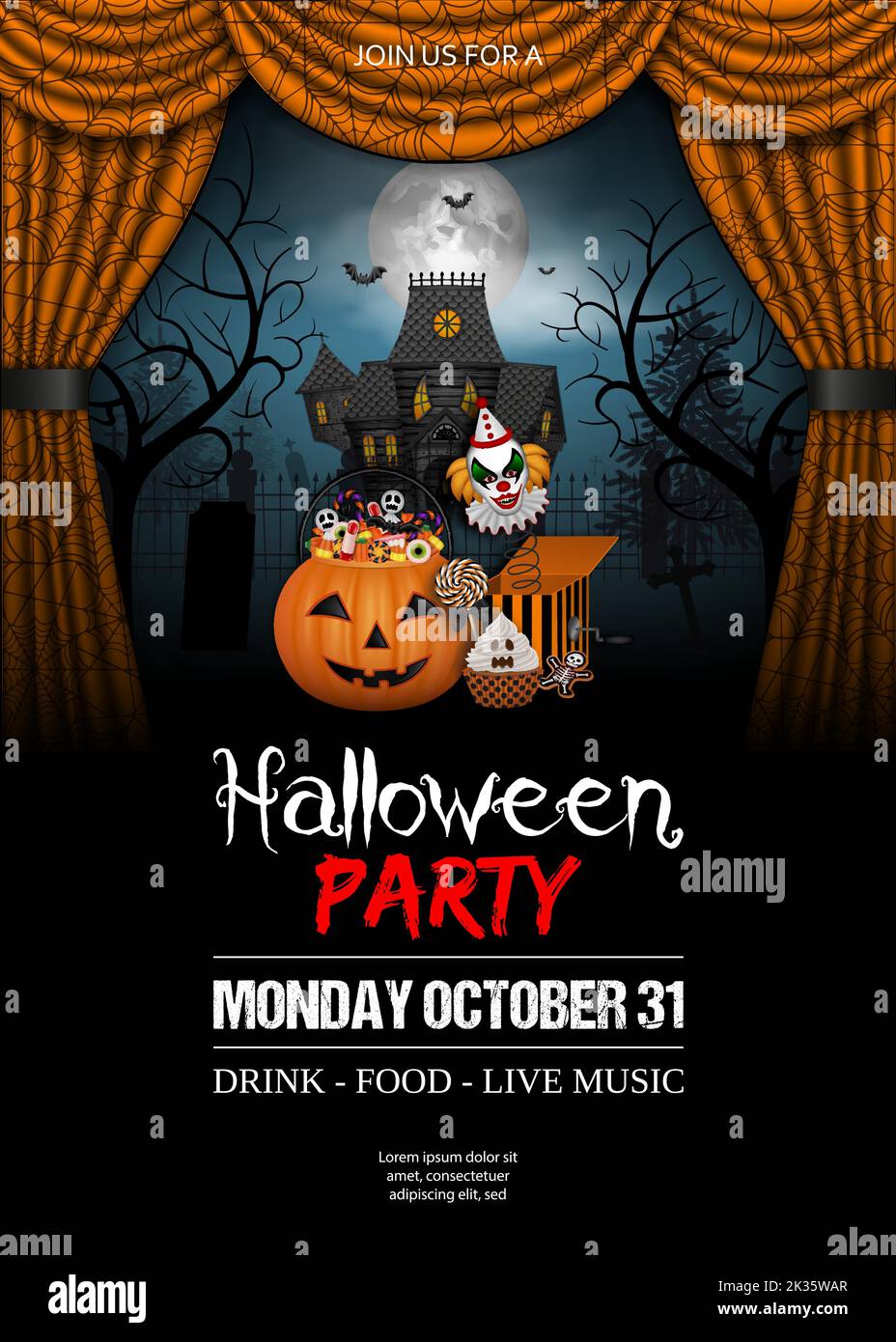 Halloween poster with pumpkin bucket and haunted house on spooky ...