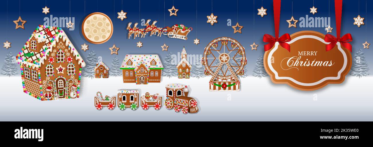 christmas banner with gingerbread landscape. christmas background with ...