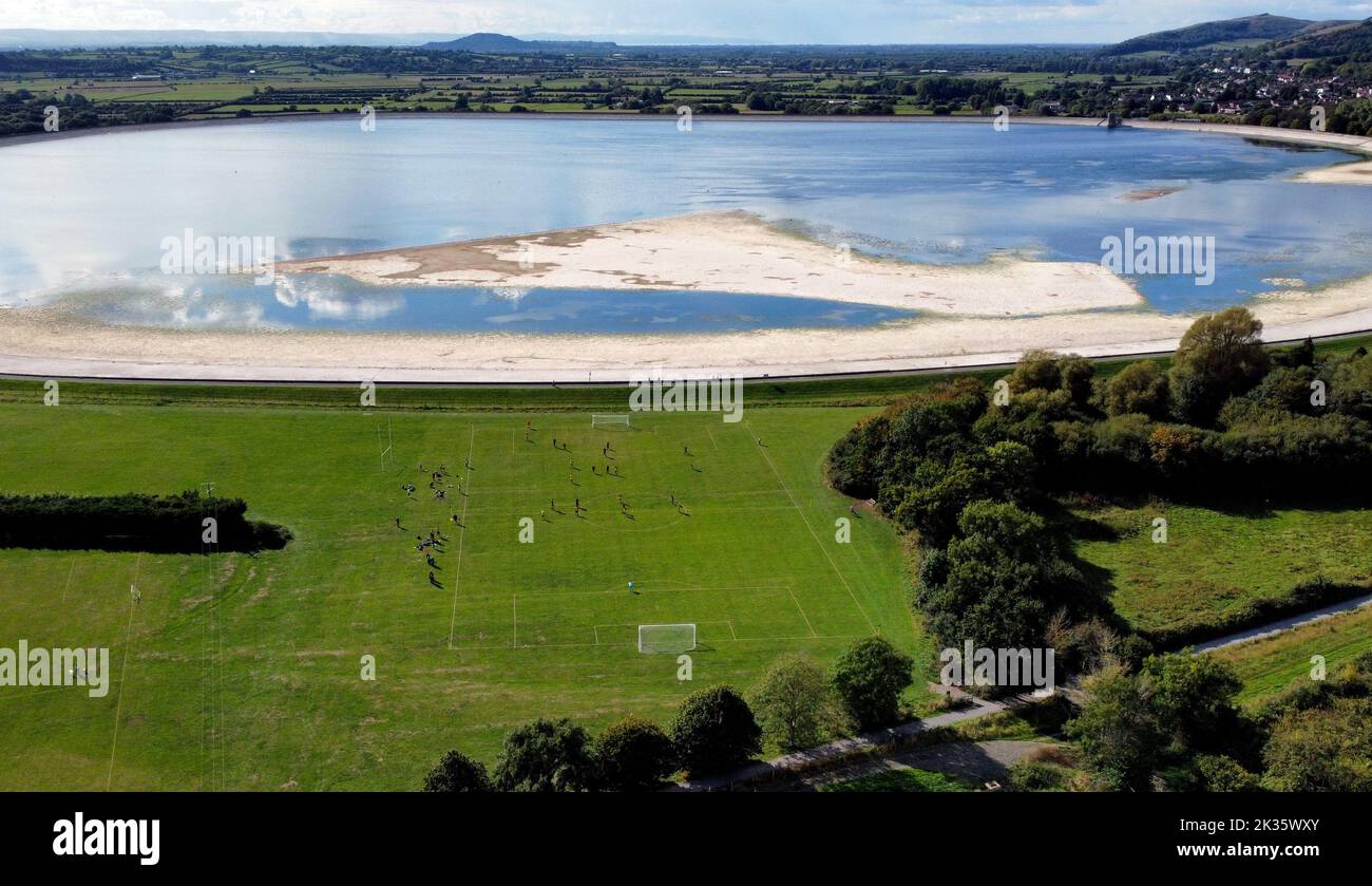 Aerial view of Cheddar playing fields, with Cheddar Reservoir, Somerset ...