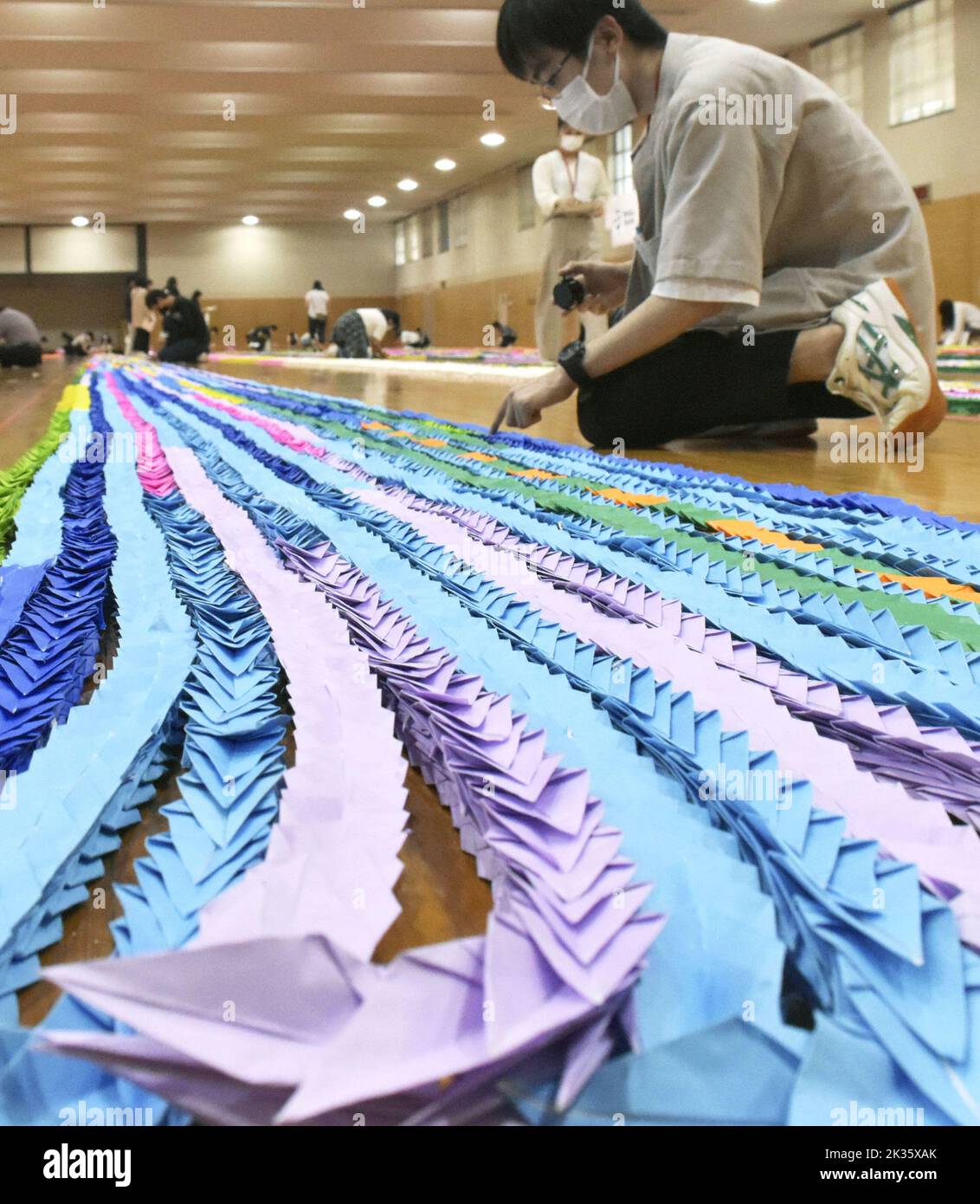 A total of 579,658 paper cranes created by children and connected via a string are certified by ...