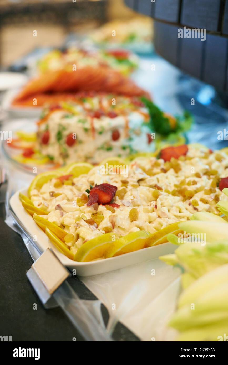 Spoiled for choice. A selection of fresh food on a buffet counter Stock ...