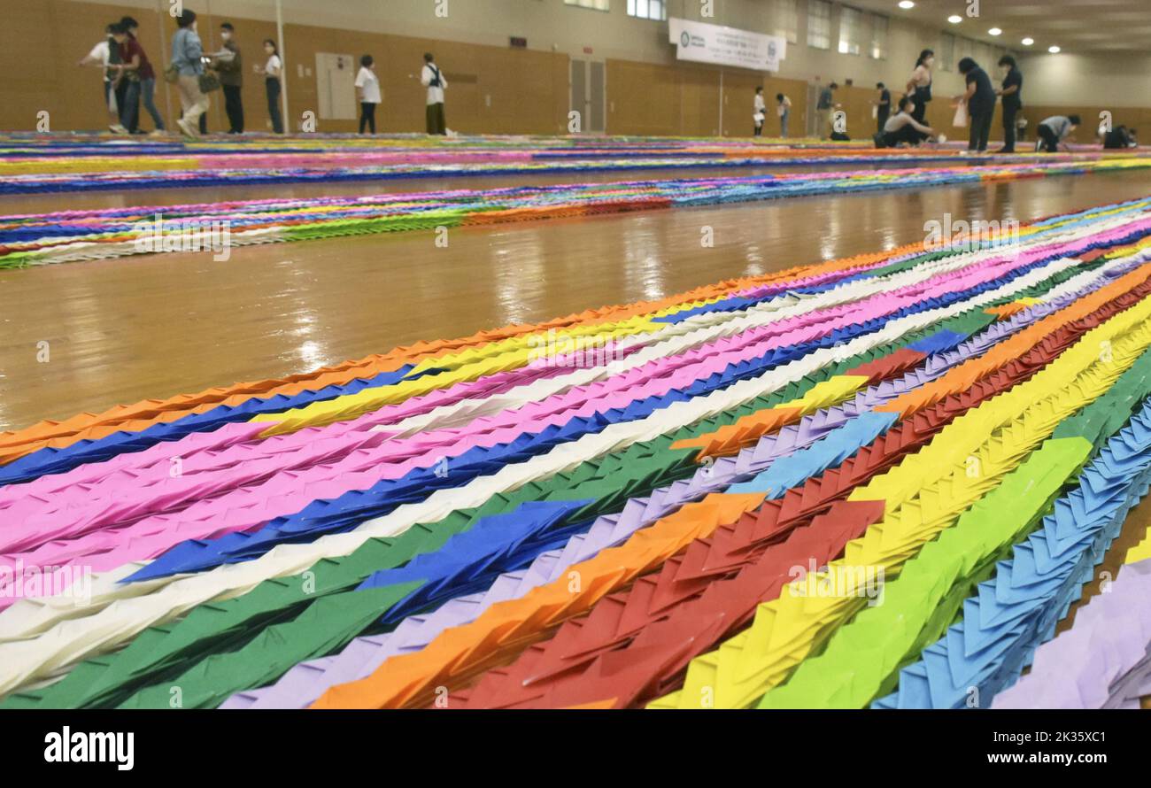 A total of 579,658 paper cranes created by children and connected via a ...