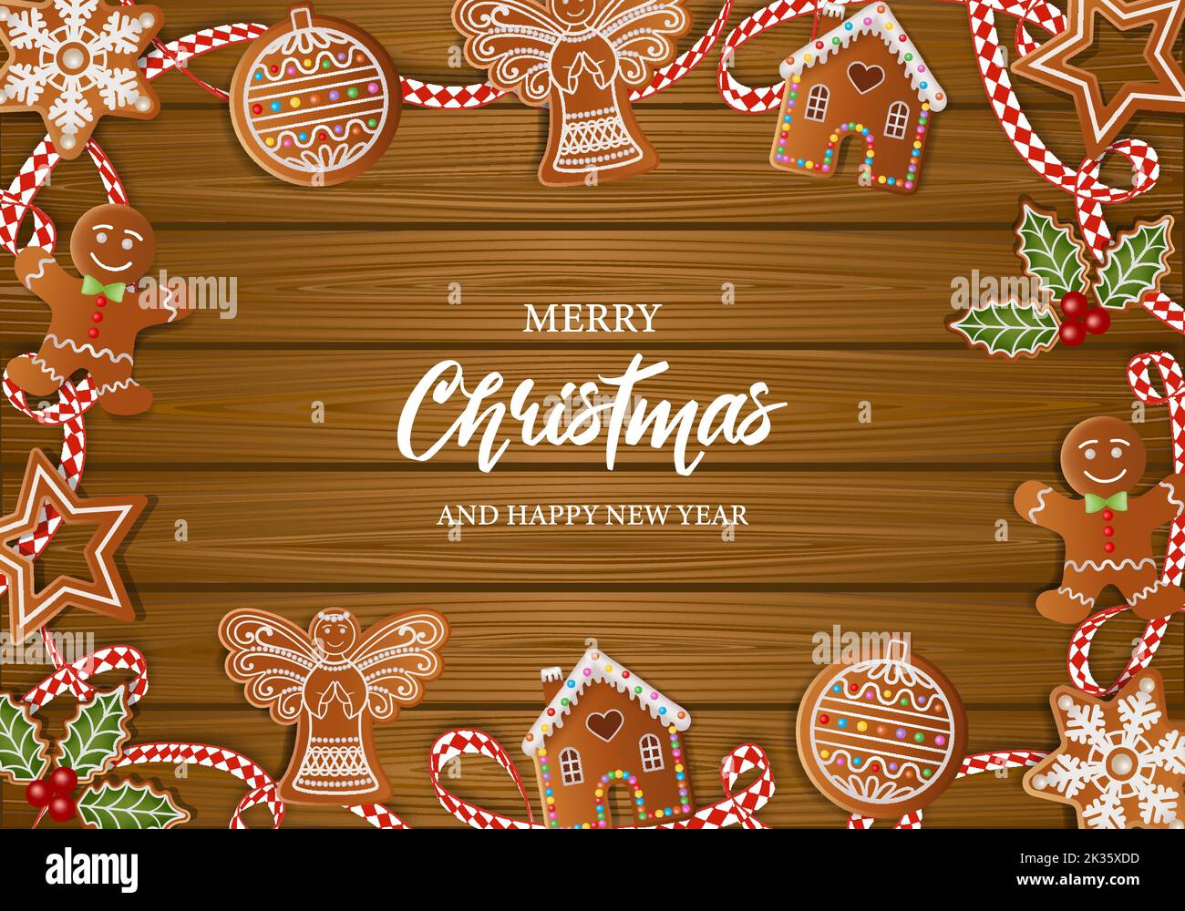 christmas background with gingerbread cookies and ribbon Stock Vector ...