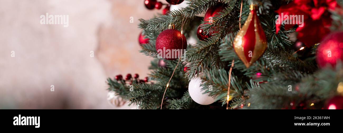 Christmas background with red and white balls, vintage decoration, fir ...