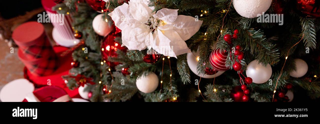 Christmas background with red and white balls, vintage decoration, fir ...