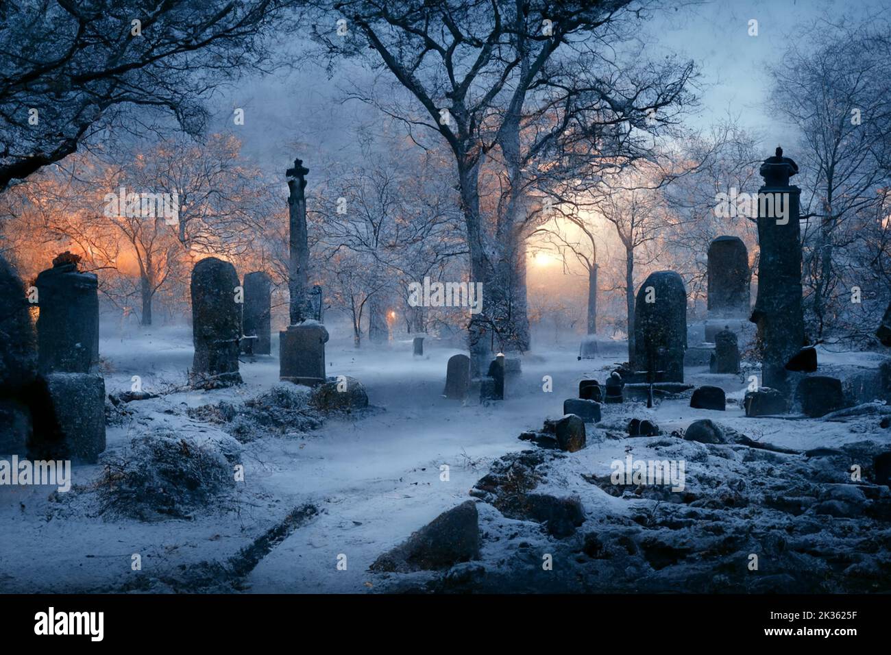 Graveyard in winter under snow.Digital 3D illustration Stock Photo - Alamy