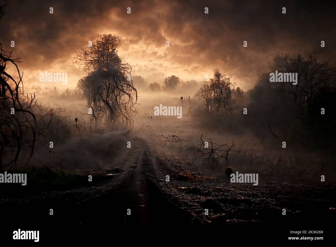 Creepy, frozen nature with mist and muddy path. Halloween festival ...