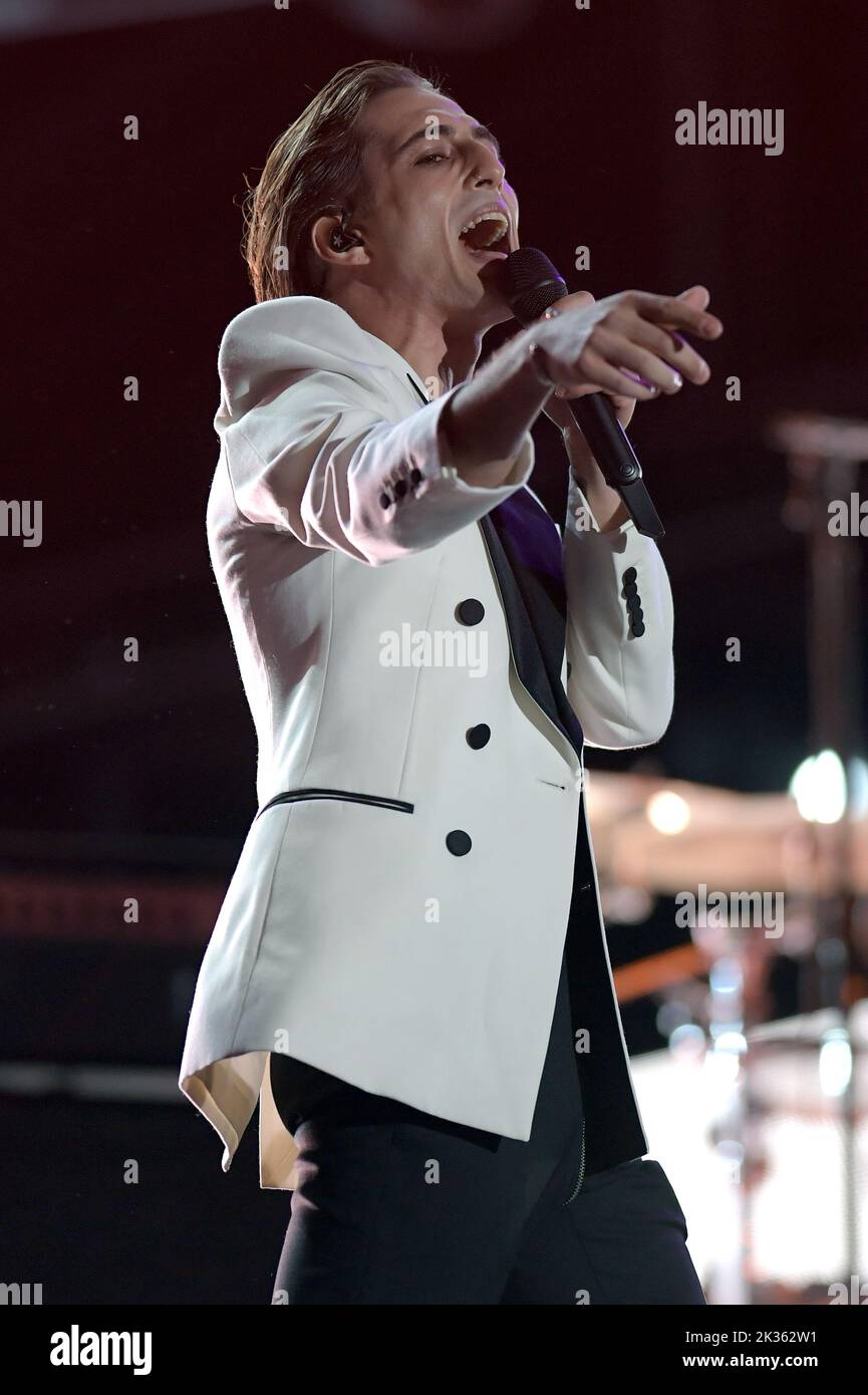 Lead vocals Damiano David and members of Maneskin perform during the ...