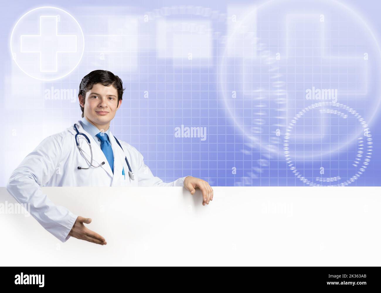 Doctor with banner Stock Photo - Alamy