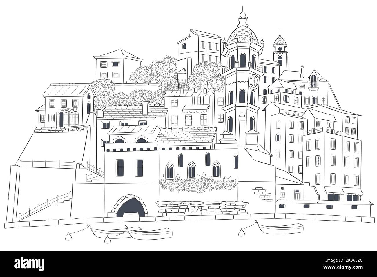 View of the old Italian village Vernazza on the seashore. Vector ...