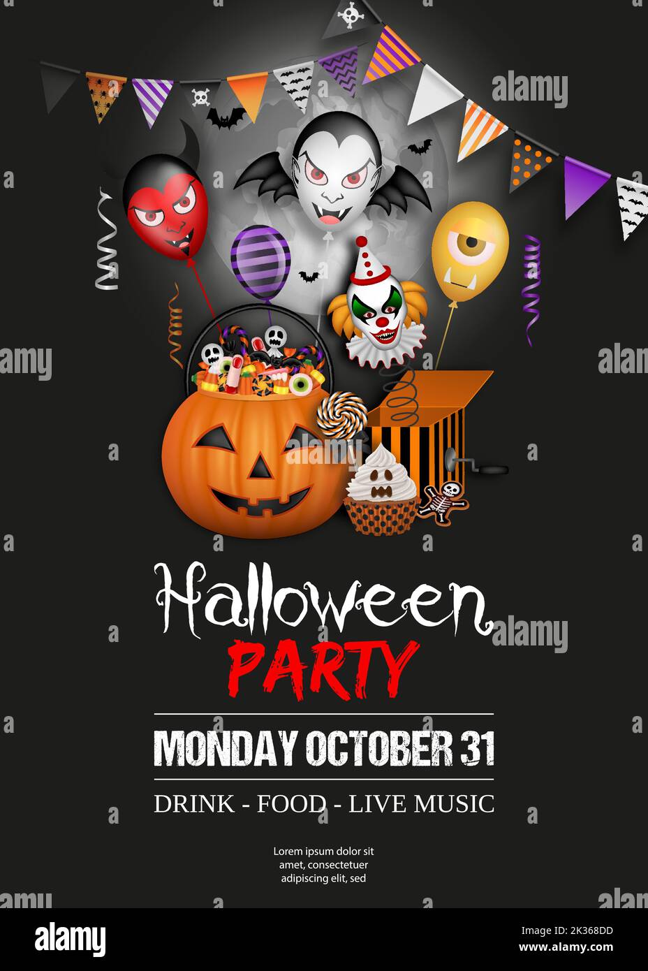 Halloween poster with pumpkin bucket and haunted house on spooky ...