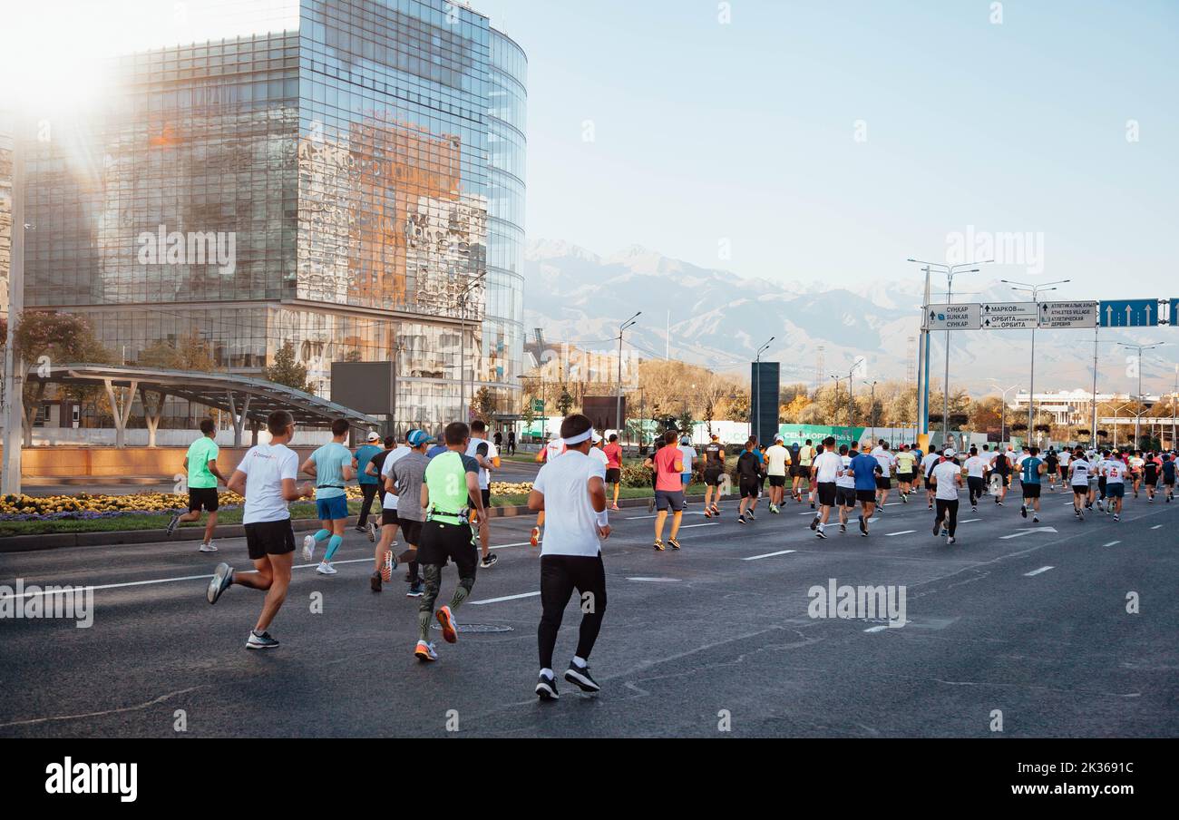Kazakhstan, Almaty-September 25, 2022: Almaty marathon. People run down ...