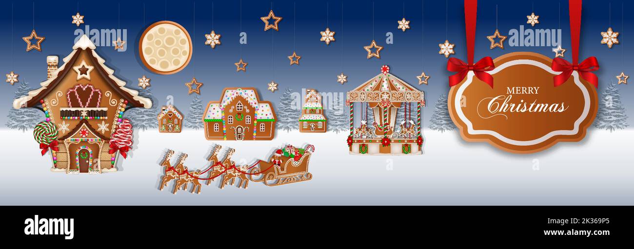 christmas banner with gingerbread landscape. christmas background with ...