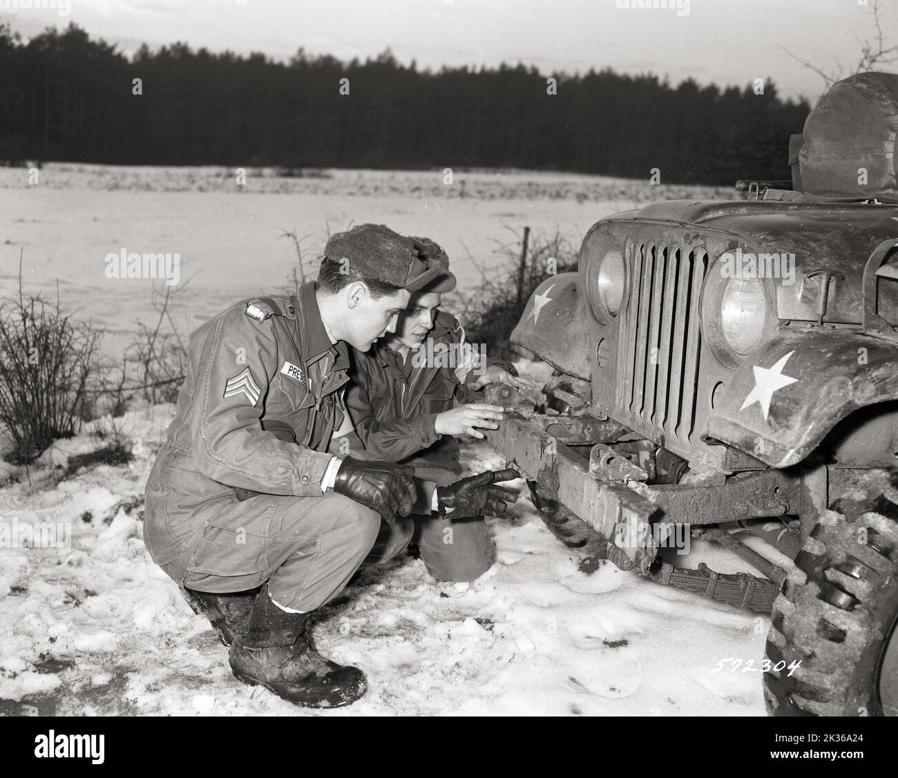 Sgt Elvis Presley Checks Jeep with Fellow 32nd Armor Scout Pvt. Lonnie ...