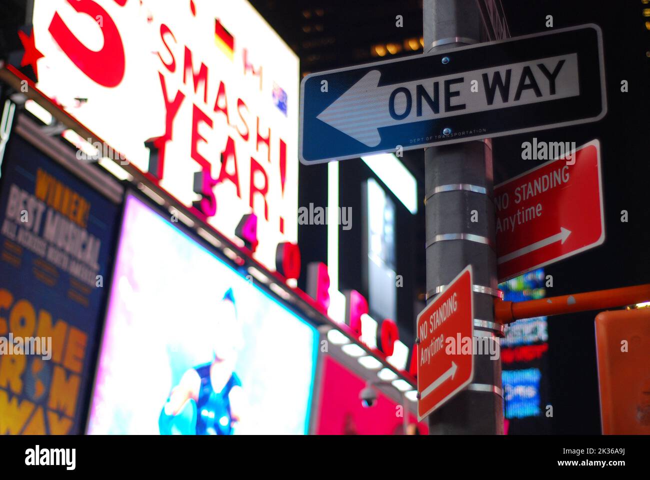 A closeup of a one-way street sign captured at Times Square, New York ...