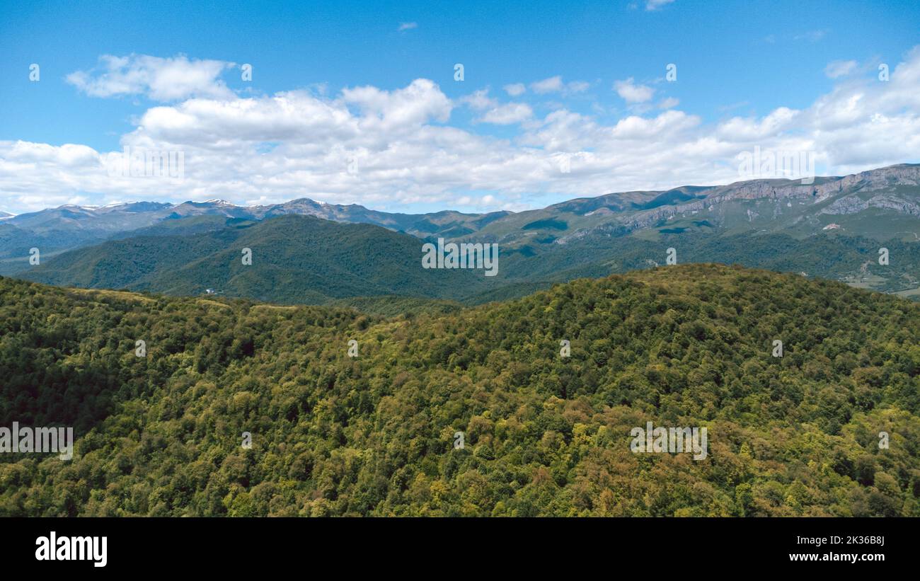 An aerial beautiful view of the green mountains of Dilijan, Armenia ...