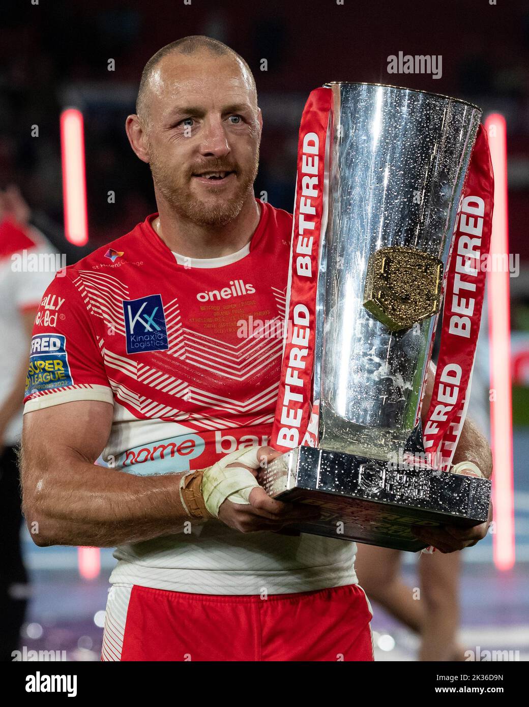 James Roby #9 of St Helens lifts the Grand Final Trophy after the 25th ...