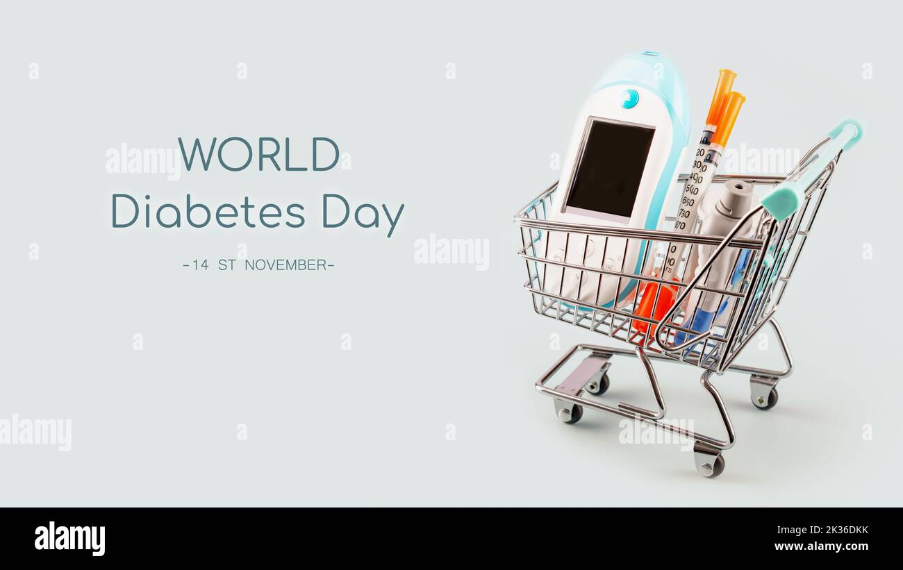 Diabetes Day card with glucose meter, test strips for determining blood ...