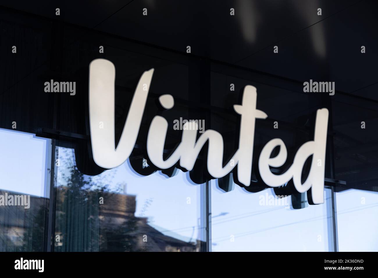 Vinted logo sign on main office, headquarters building wall. Vinted is ...