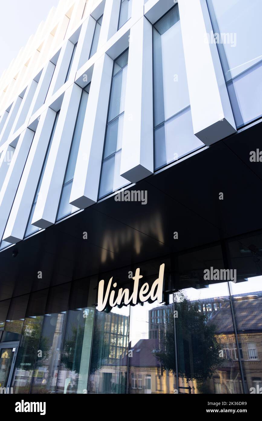 Vinted logo sign on main office, headquarters building wall. Vinted is ...