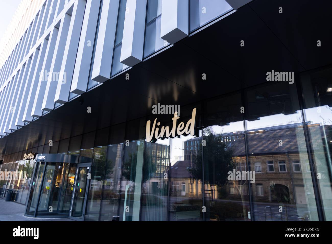 Vinted logo sign on main office, headquarters building wall. Vinted is ...