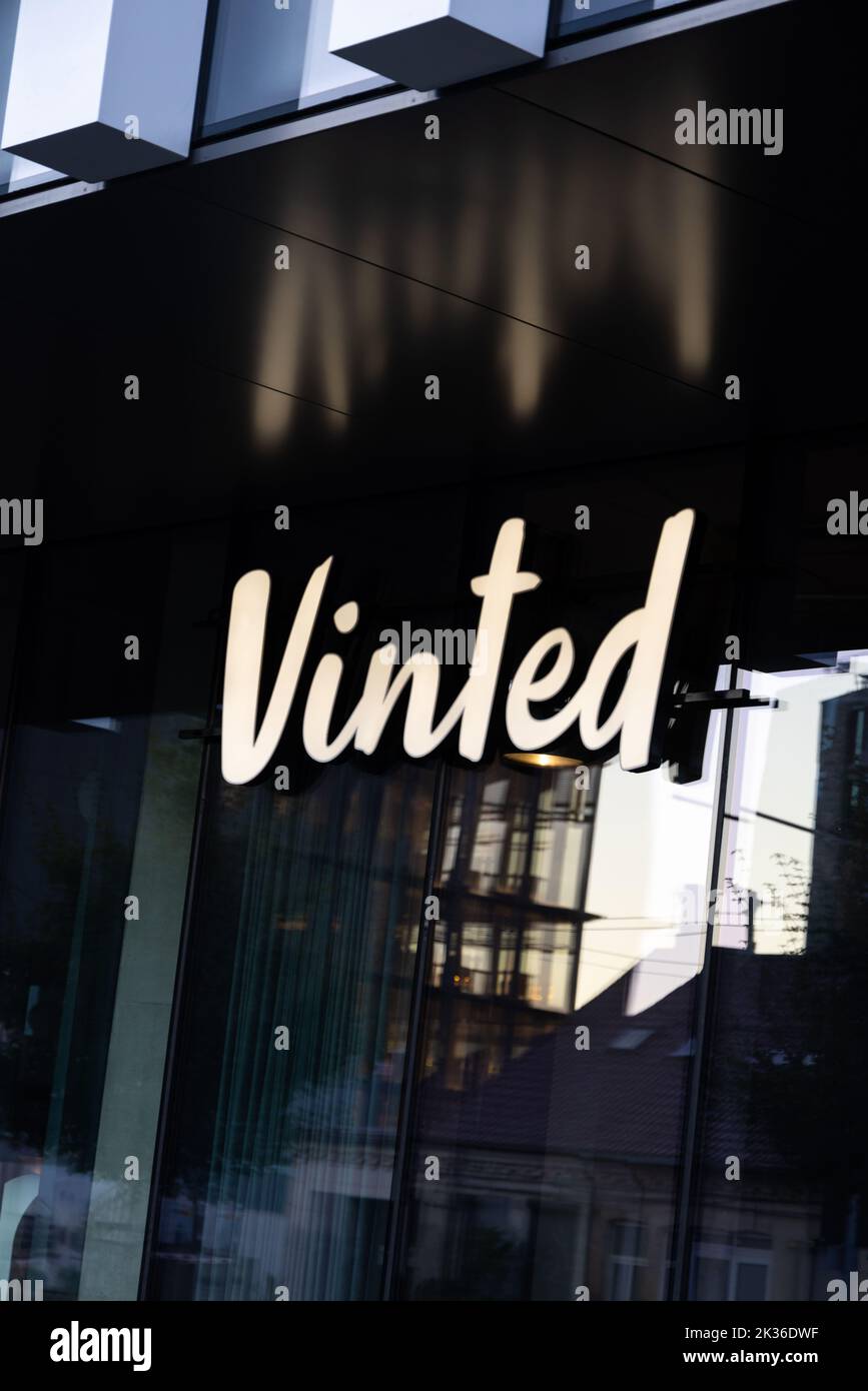 Vinted logo sign on main office, headquarters building wall. Vinted is ...