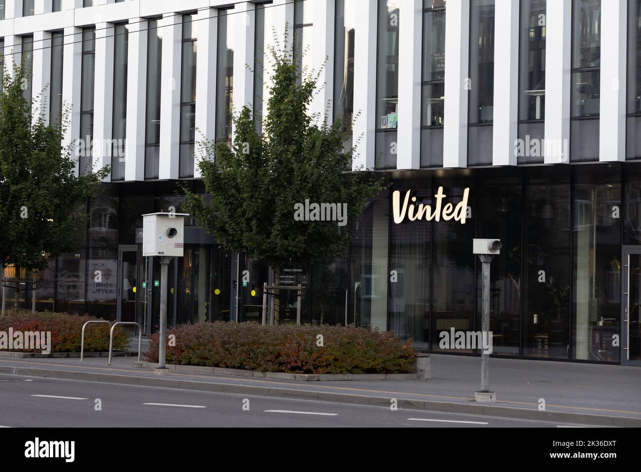 Vinted logo sign on main office, headquarters building wall. Vinted is ...