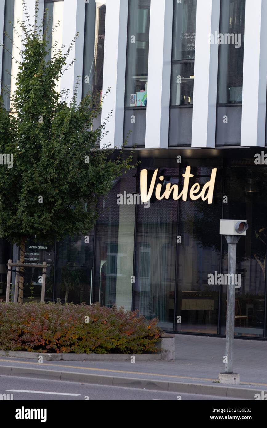Vinted logo sign on main office, headquarters building wall. Vinted is ...