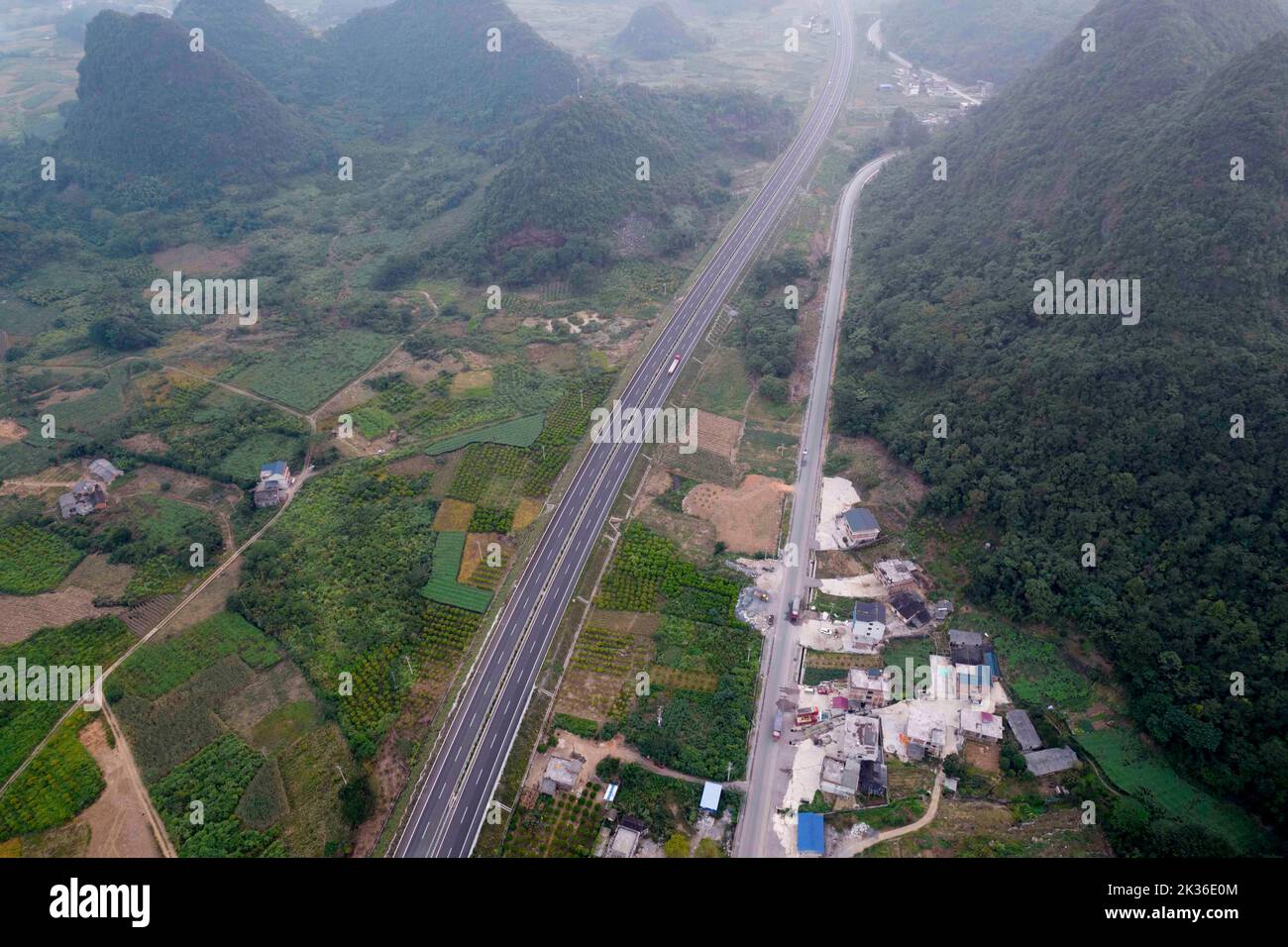 LIUZHOU, CHINA - SEPTEMBER 24, 2022 - An aerial photo shows a highway ...