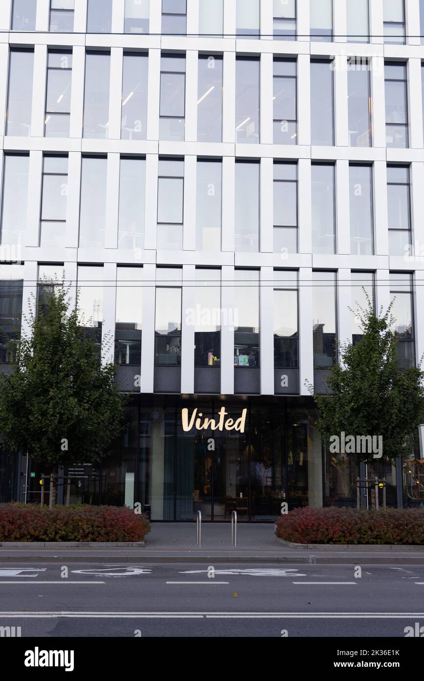 Vinted logo sign on main office, headquarters building wall. Vinted is ...