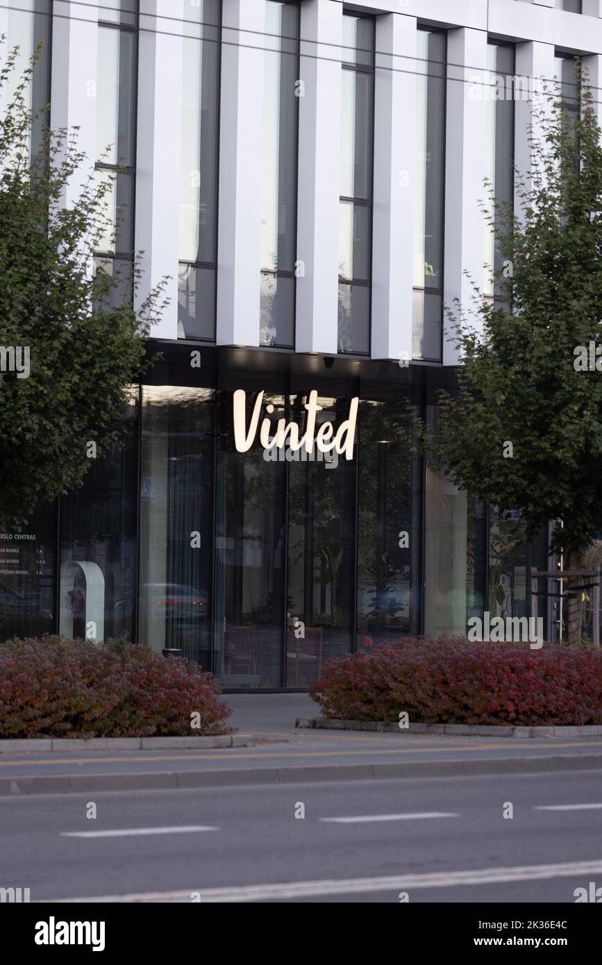 Vinted logo sign on main office, headquarters building wall. Vinted is ...
