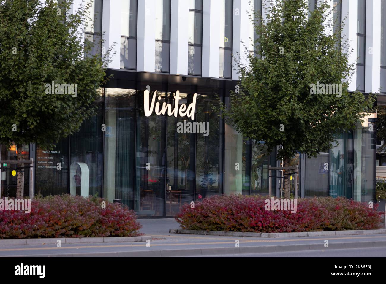 Vinted logo sign on main office, headquarters building wall. Vinted is ...