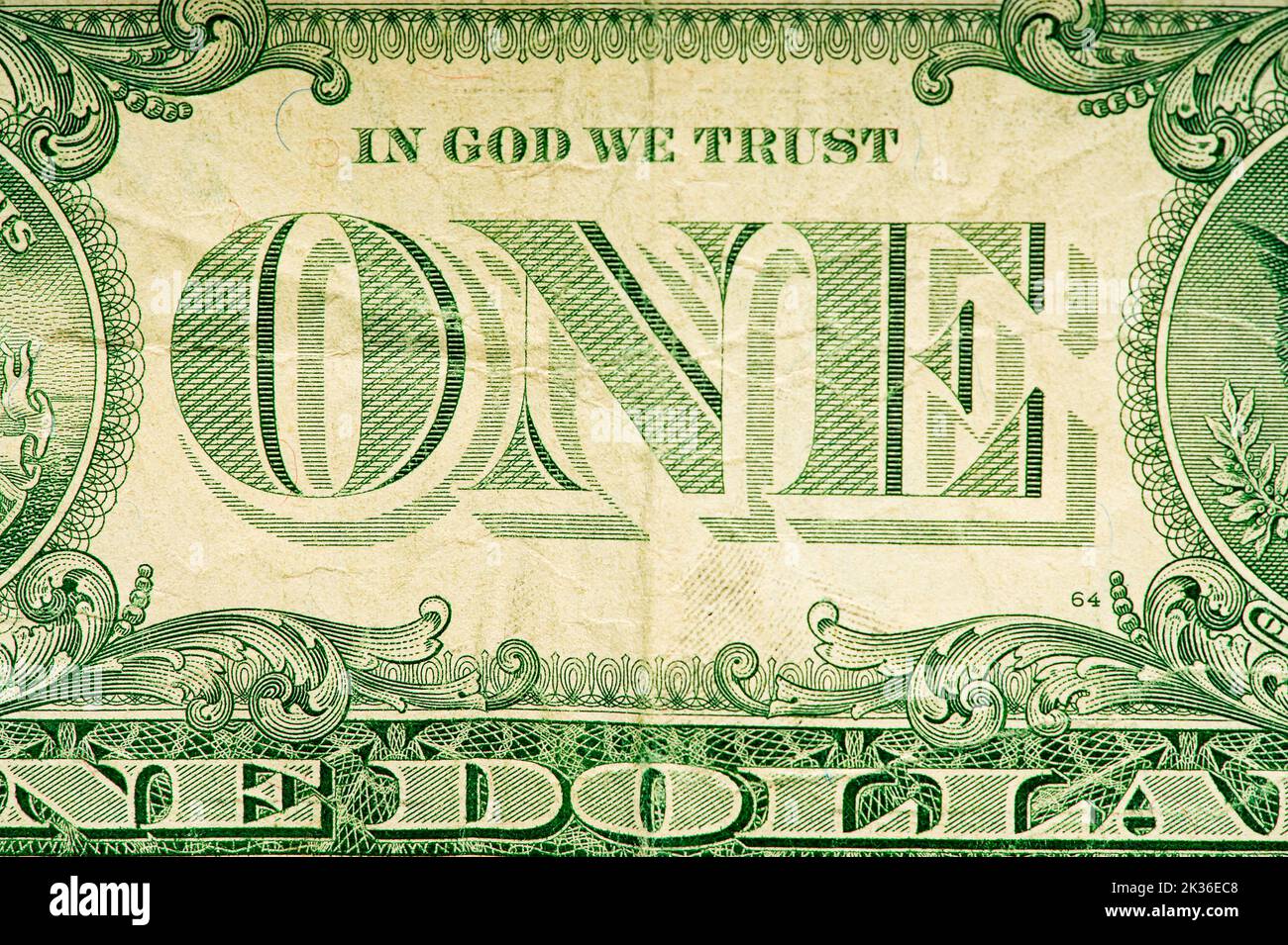 Large fragment of 1 one dollars bill banknote. Old American money ...