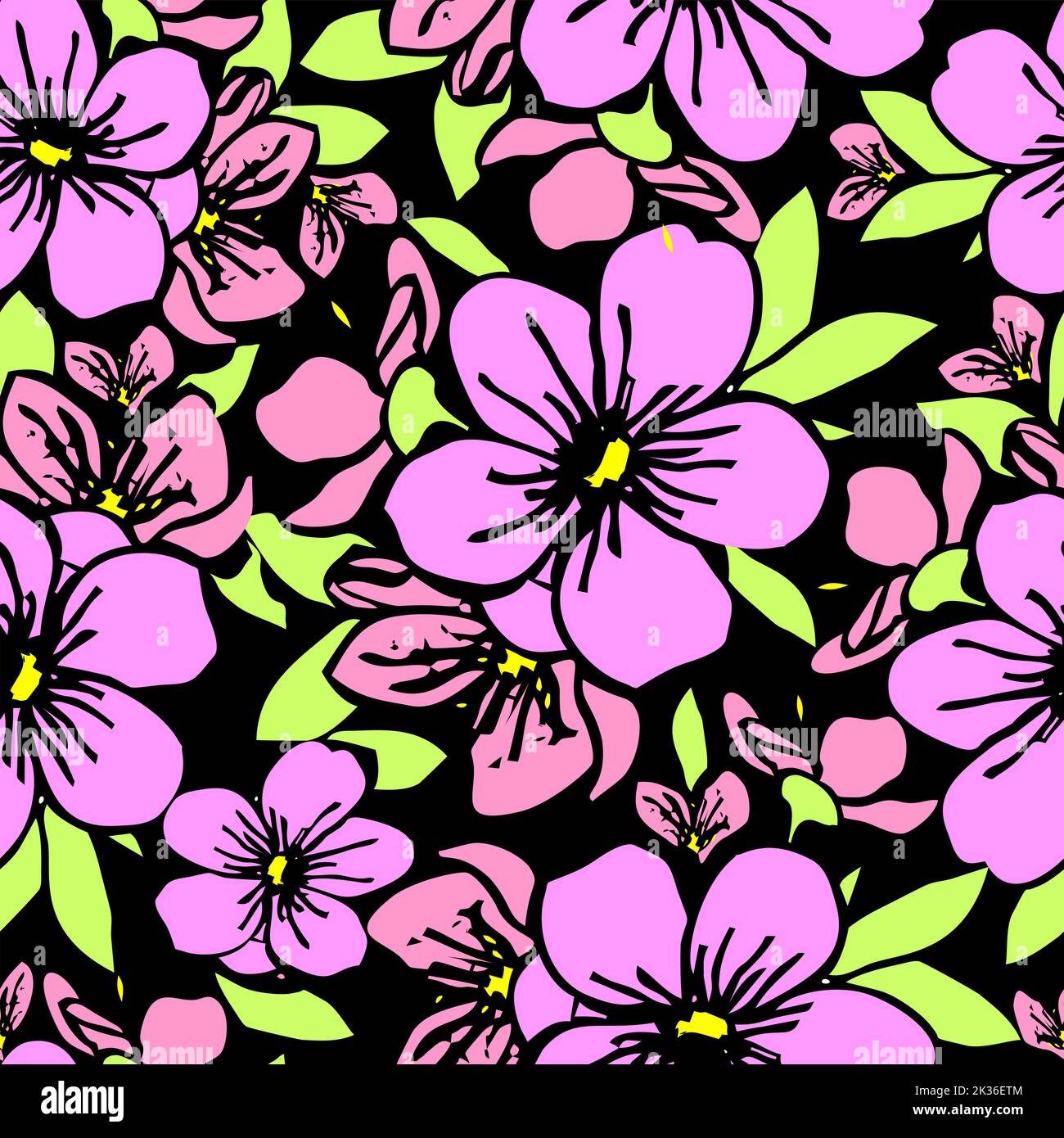 symmetrical seamless pattern of pink flowers on a black background ...
