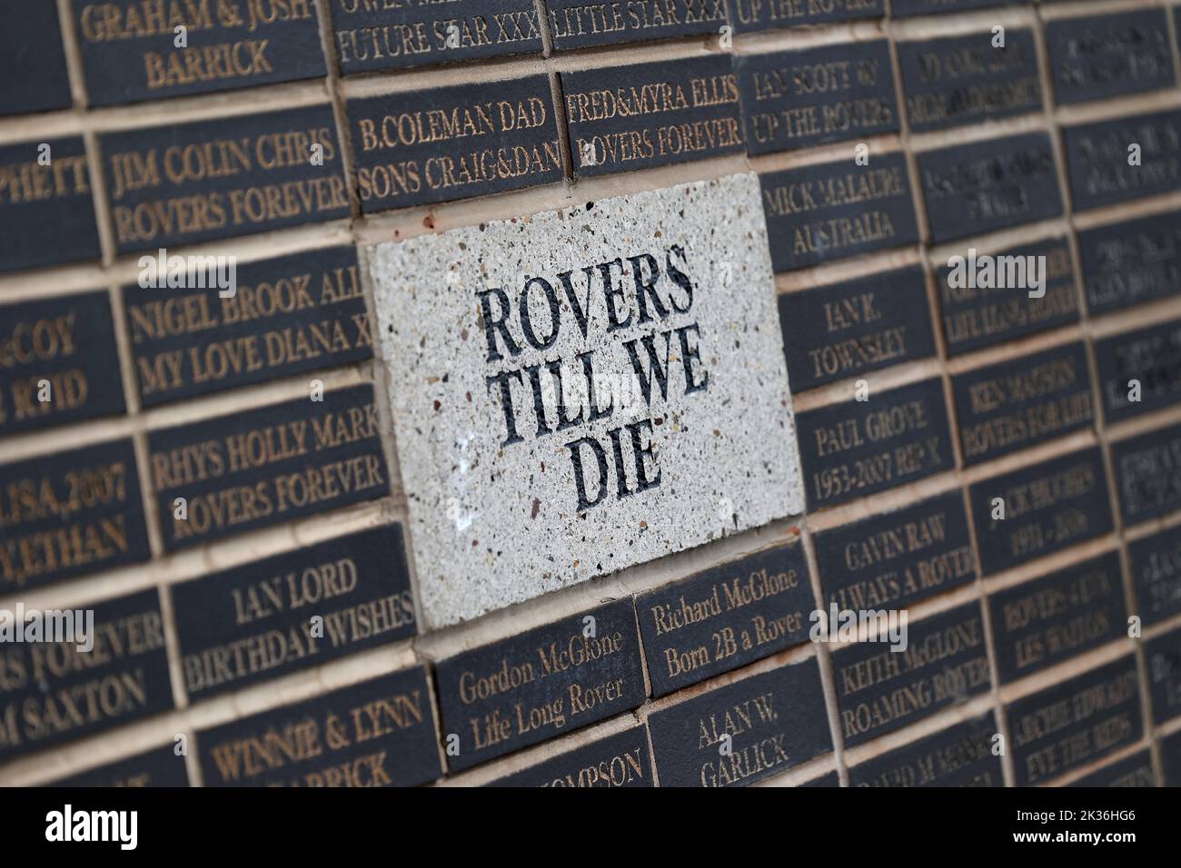 Doncaster Rovers supporters names are seen on a memorial wall outside ...