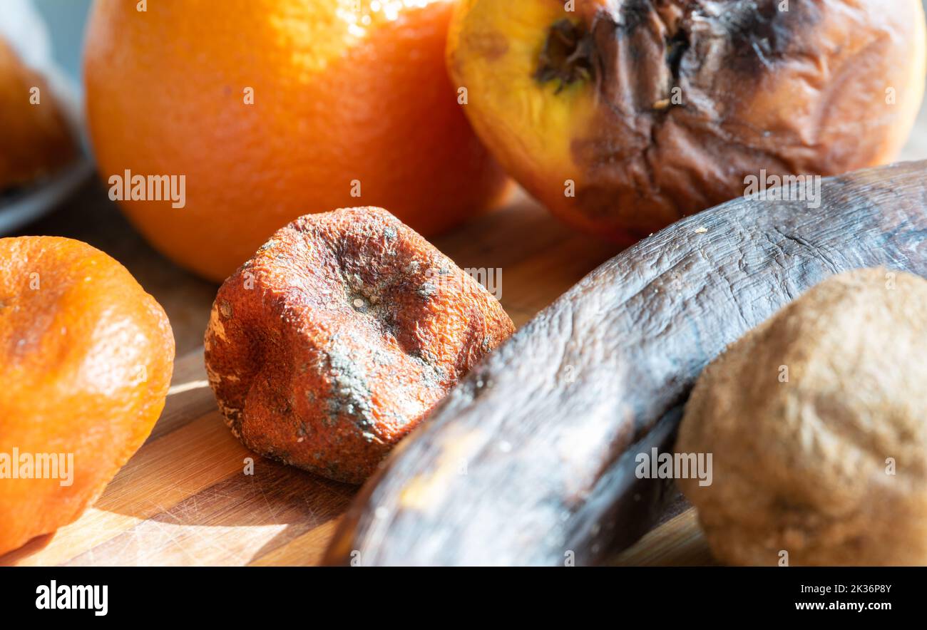 Rotten fruit on a bamboo board in close-up. Old citrus fruit. Spoiled ...