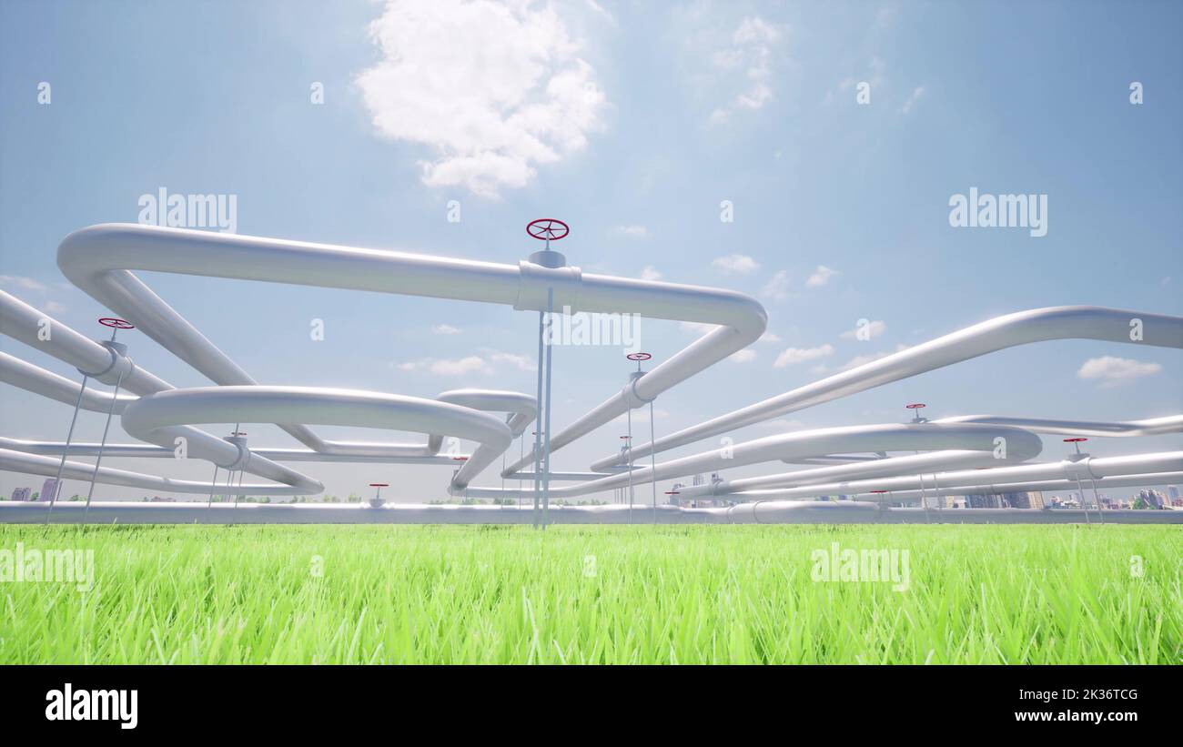 Renewable Eco metal pipes Nature landscape Green energy h2 tubing 3d ...