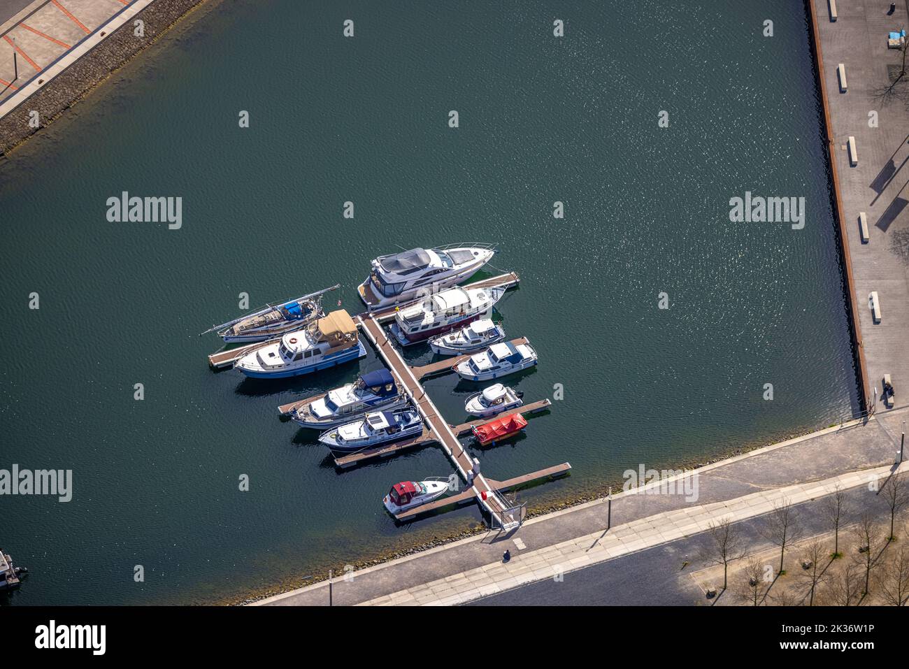 Aerial view, boat mooring in marina at Graf Bismarck harbor quarter at ...