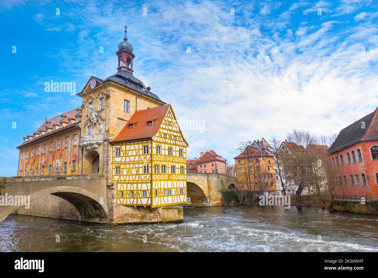 Bamberg, Germany. Town Hall Altes Rathaus with two bridges over the ...