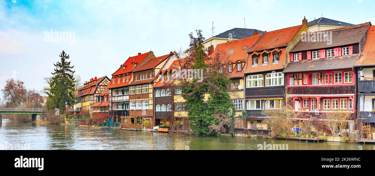Bamberg, Germany city center view with River Regnitz, half-timbered ...