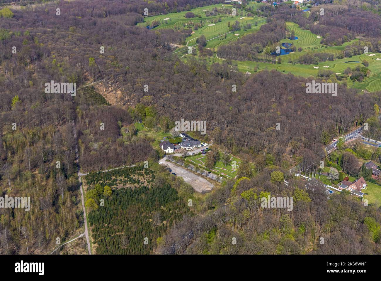 Aerial view, China Restaurant Löwenpark in forest area at Westerholter ...