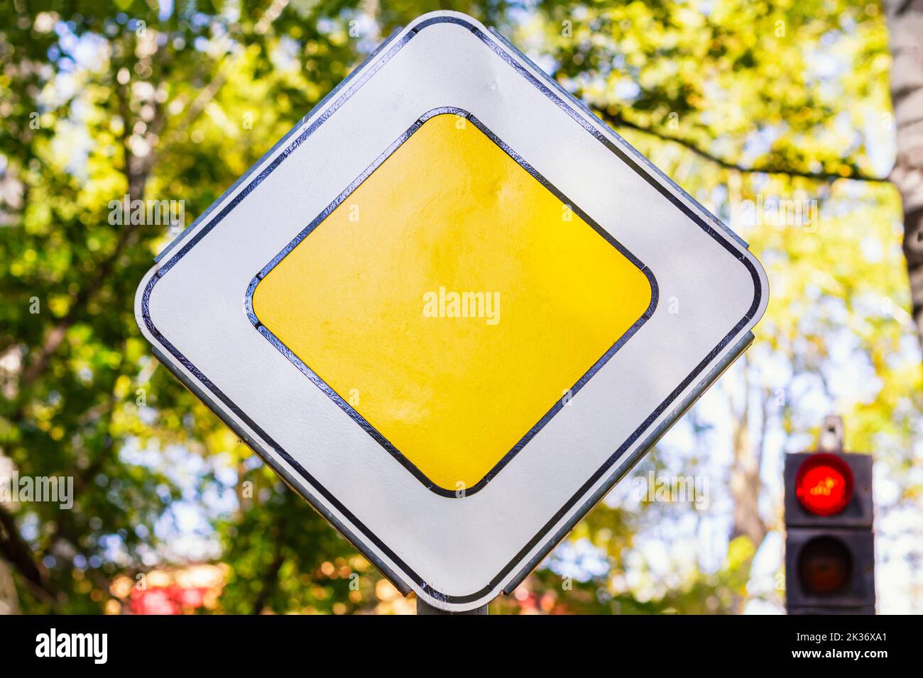 Road sign main road,selective focus at edge of road among foliage of ...