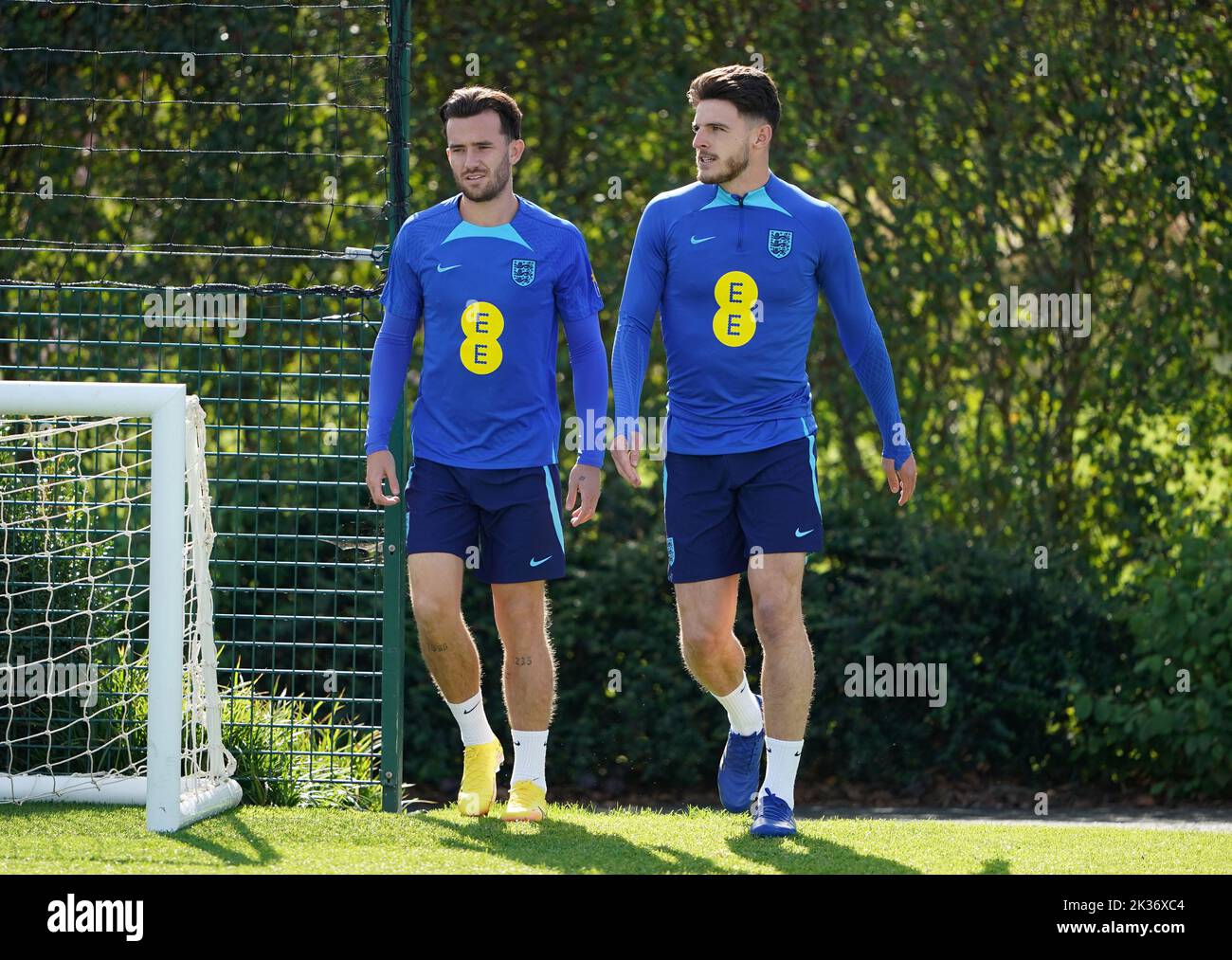 England's Ben Chilwell (left) and Declan Rice during a training session ...